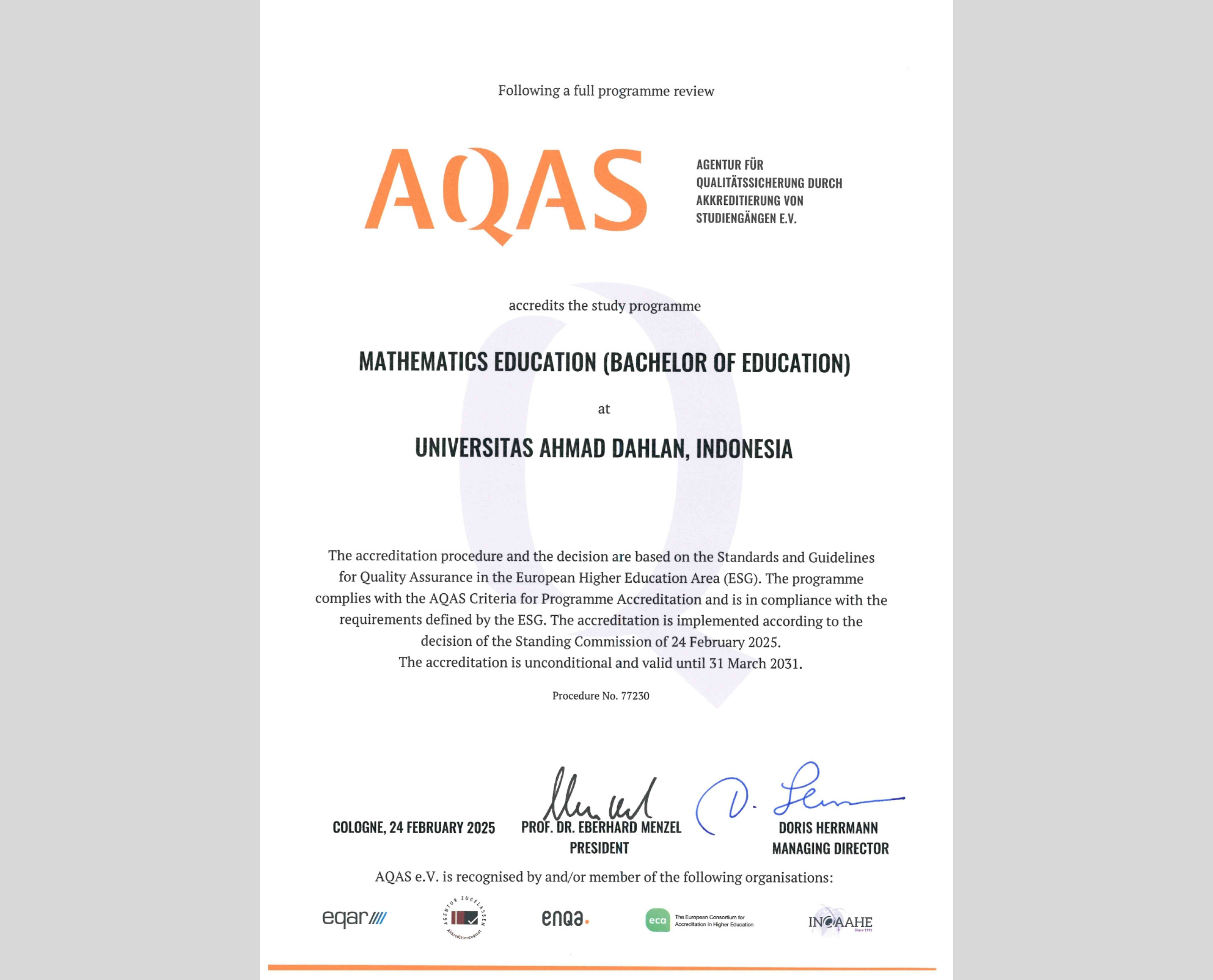PMat UAD Raih Akreditasi Internasional AQAS - Pendidikan Matematika